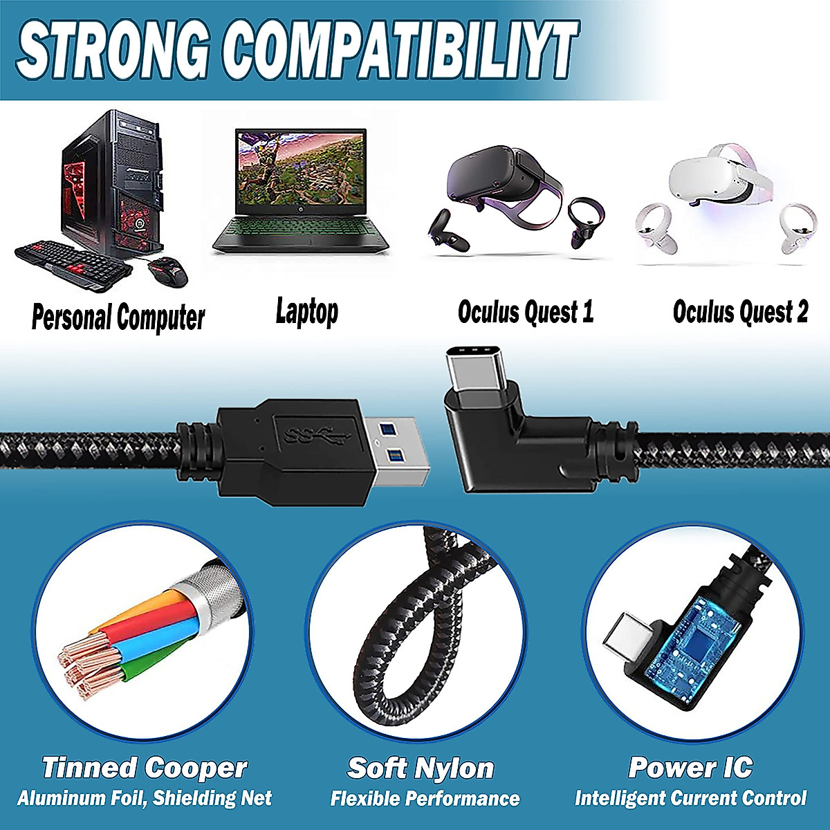 Oculus Link Cable 16FT Compatible for Oculus Quest 2 Quest 1 Rift S VR Headset, High-Speed Data Transfer & Fast Charging USB C 3.2 Gen1 Type A to C Nylon Braided Cable for VR Headset and Gaming PC