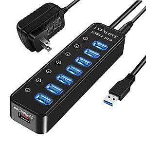 USB Hub 3.0 Powered, LYFNLOVE USB Extender Multiple USB Port USB Hub Splitter for Laptop PC with Power Adapter and 1 Charging Port, USB Expander with On/Off Switches for MacBook, iMac, Surface Pro