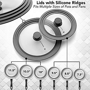 Universal Silicone Glass Lid for Pots Pans & Skillet 8 to 11 Inches, Tempered Glass Lid with Steam Vent, Cool-Touch Handle Dishwasher Safe (Pack of Two - Grey)