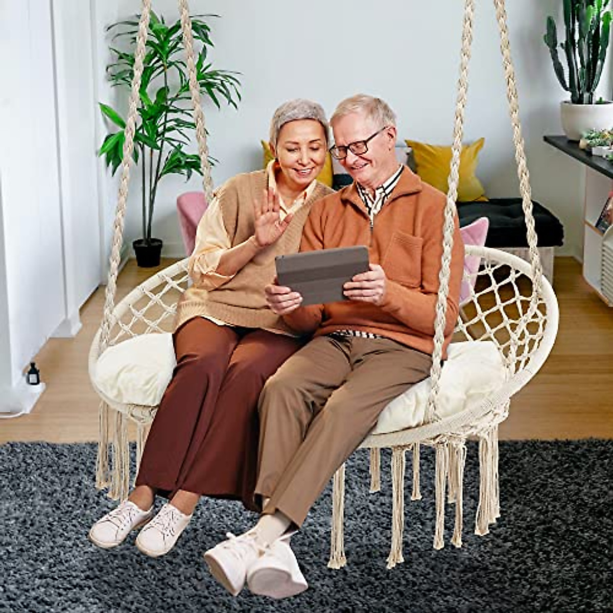 Homgava Hammock Chair Macrame Hanging Swing with Cushion,Hanging Cotton Ropes, Metal Frame, 450 lbs Capacity Indoor Outdoor, Patio, Balcony, Living,Deck, Yard, Garden(Double Swing) Beige