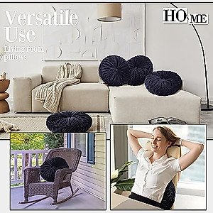 Kathfly 4 Count Round Throw Pillow Velvet Pleated 3D Pumpkin Round Pillow Boho Floor Cushion Couch for Bed Chair Home Car Sofa Decorations, 14.17 x 14.17 Inches (Black)