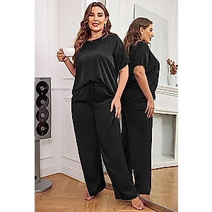 Ekouaer Womens Plus Size Silk Pajama for Women Silk Satin Set Two Piece Short Sleeve Sleepwear Pajamas 3x Sleepwear for Women Plus Size Black 22W