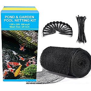 Pond Netting, 15 x 20 FT Pond Net Heavy Duty Pond Netting for Koi Ponds, Garden Pool Fine Mesh Netting Kit for Leaves, Protects Koi Fish from Birds Cats Predators, with 14 Stakes and 30 Cable Zip Ties