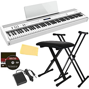 Roland FP-60X 88-Key Digital Piano - White Bundle with Adjustable Stand, Bench, Deluxe Sustain Pedal, Instructional DVD, Online Piano Lessons, and Austin Bazaar Polishing Cloth - White