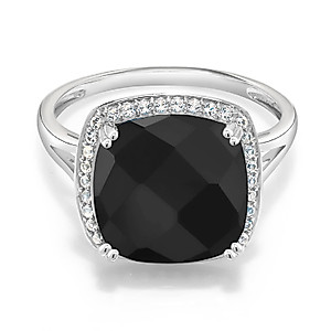 Gem Stone King 10K White Gold Black Onyx and White Created Sapphire Women Ring (5.77 Cttw, Cushion Checkerboard 12MM, Gemstone Birthstone, Available In Size 5, 6, 7, 8, 9)