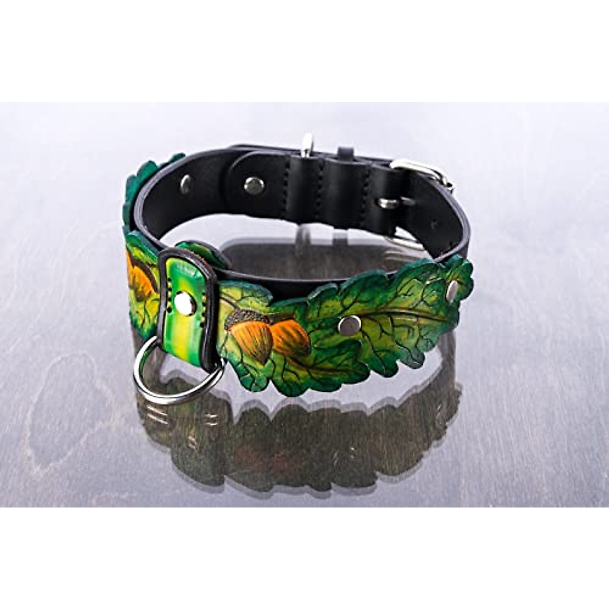 Dog Large Oak Leaf and Acorn Geen Collar, Dog Lover Handstitched Collar, Padded Leather Dog Collar, Dog Collar Handmade Leather