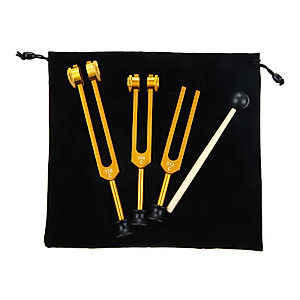 Tuning Fork Set(128Hz, 256Hz, 512Hz), Tuning Fork Instrument for Chakra with Hammer, Storage Bag and Cleaning Cloth, Gold