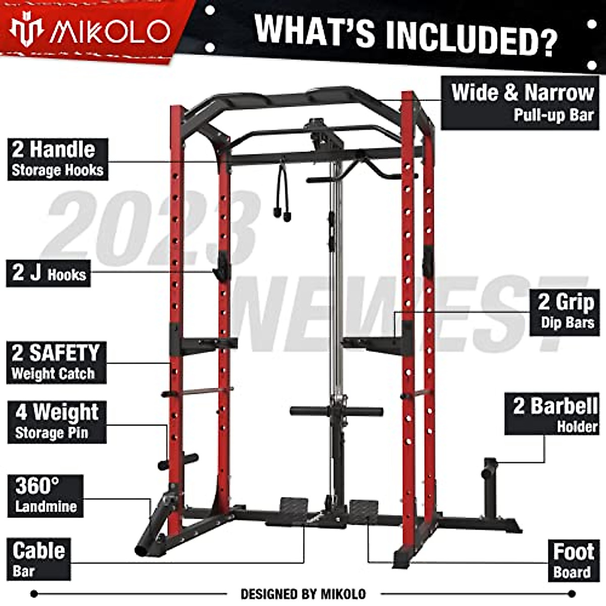 Mikolo Power Cage, Power Rack with LAT Pulldown, 1200 Pounds Capacity Workout Cage with More Training Attachments, Squat Rack for Home Gym, F4-301