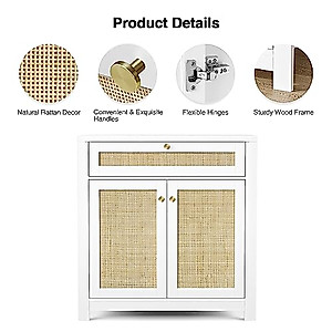 Giluta White Rattan Sideboard Cabinet Kitchen Buffet Cabinet Storage Cabinet with Door and Drawer, Accent Cabinet Freestanding Coffee Cabinet Cupboard Console Table for Dining Room Living Room Hallway