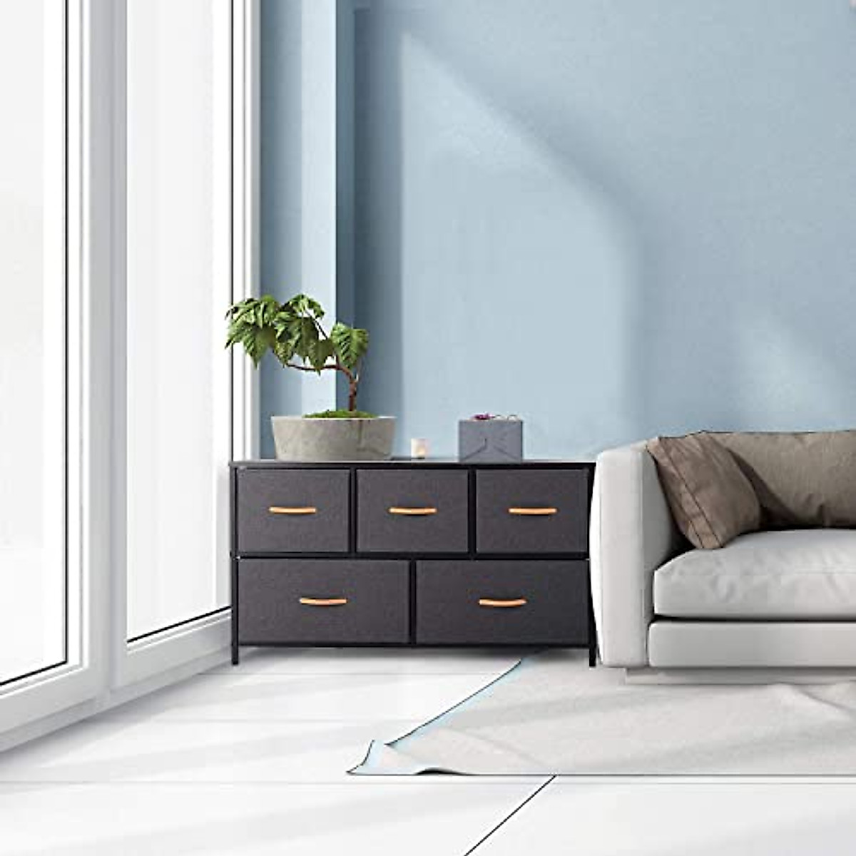 ROMOON Dresser Organizer with 5 Drawers, Fabric Storage Drawer Unit, Dresser Tower for Bedroom, Hallway, Entryway, Closets, Nursery - Wide Dark Gray