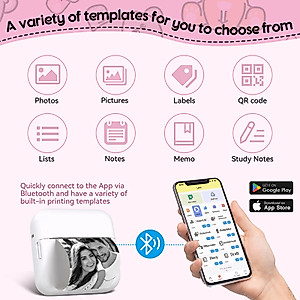 Qoosea Mini Printer Portable Printer with 13 Rolls Paper Storage Bag Thermal Sticker Printer Bluetooth App for Phone for Notes Pictures DIY Label Gift for Kids Friends