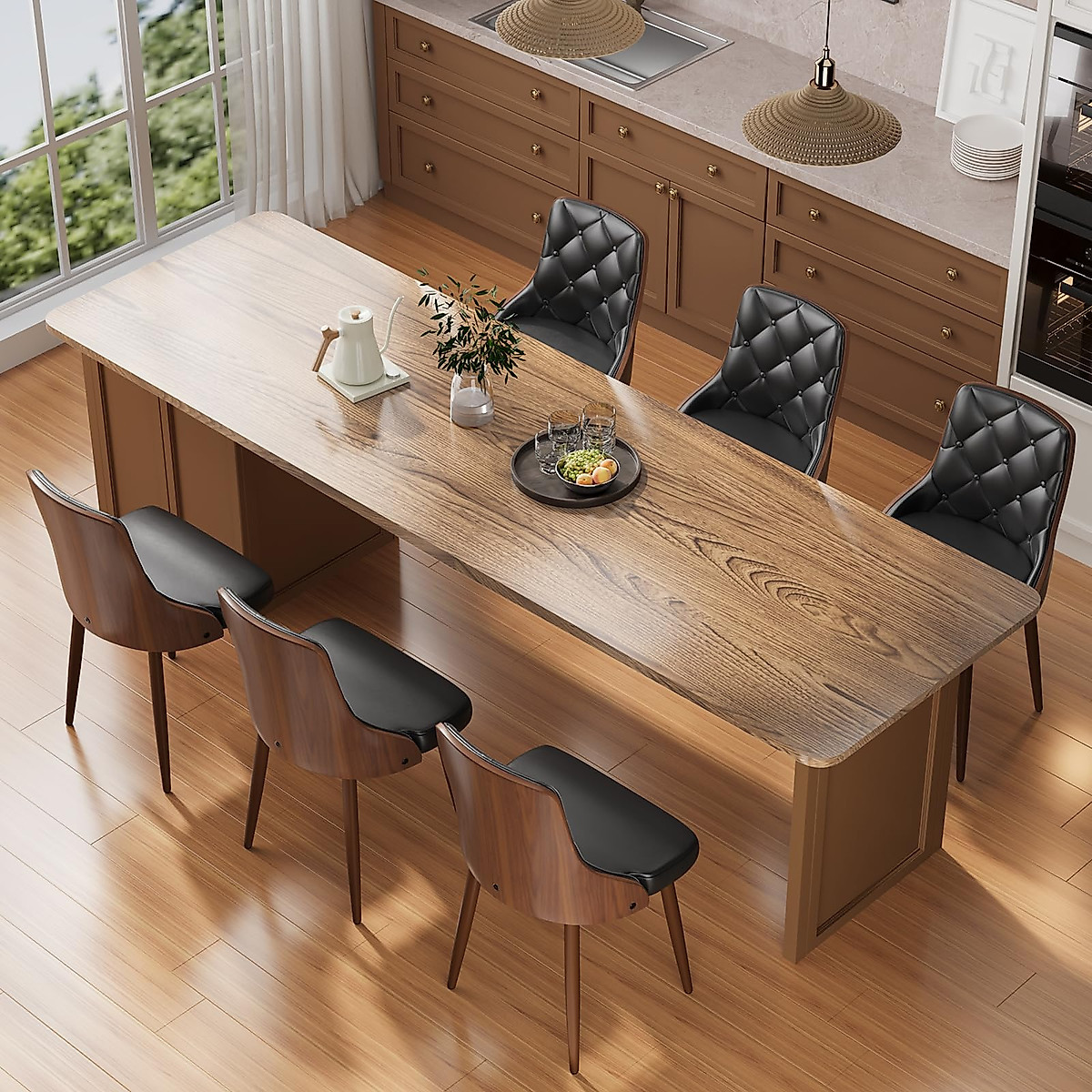 Aowos Dining Chairs Set of 2, Mid Century Modern PU Leather Upholstered Kitchen Chairs with Walnut Back and Iron Legs, Comfortable Seating for Kitchen, Dining Room, Bar Counter, Living Room (Black)