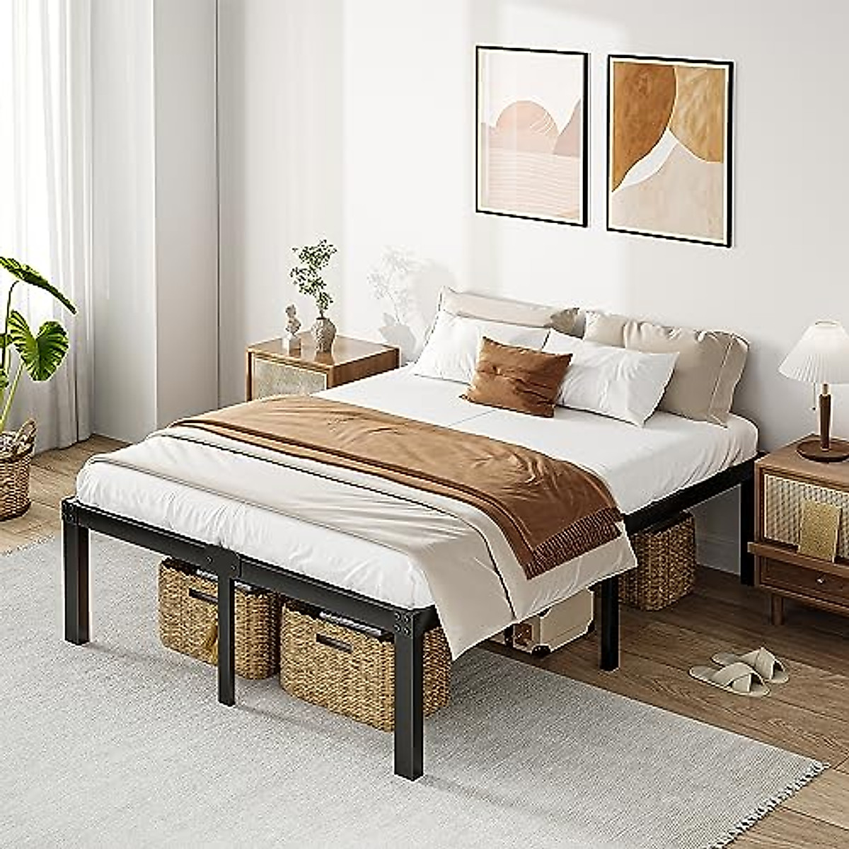 LIJQCI 14 inch Queen Bed Frame Metal Platform Frame no Box Spring Needed Black Heavy Duty Sturdy Steel Easy Assembly with Storage Sturdy Steel Slats Support 3500lbs