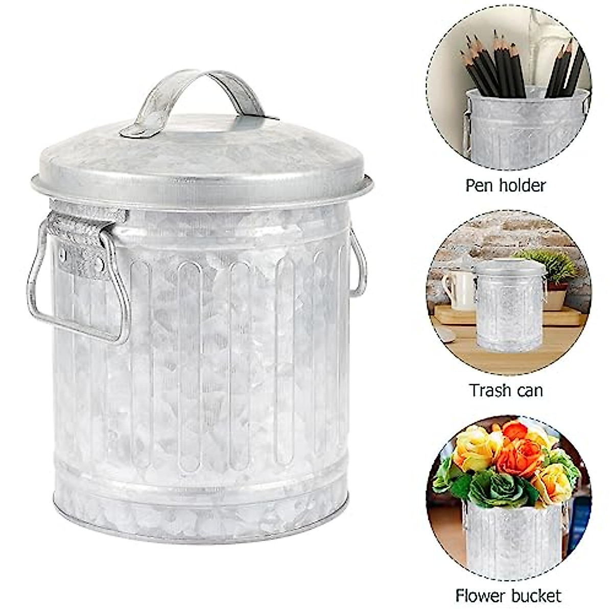 BESPORTBLE Galvanized Trash Can Mini Desktop Wastebasket with Lid and Handle Metal Table Flowerpot Countertop Trash Can Garbage Bin Rubbish Bucket Pencil Holder Pen Cup Makeup Brush Holder A