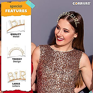 CORRURE Birthday Girl Headband Tiara, Gold Birthday Crown Headpiece, Party Hair Accessories for Girls and Women, Sweet 16, 18th 21st 25th 30th 40th 50th or Any Other Bday Party Decorations Supplies