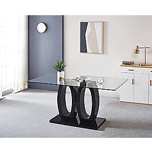 Contemporary Rectangular Tempered Glass Dining Table with Double O-Shape Pedestal, Kitchen Dining Room Table for 6 with Tempered Glass Top, Home Office Kitchen Dining Room Table Furniture (Black-O)