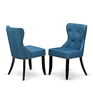 East West Furniture ANSI5-ABK-21 5 Piece Kitchen Table & Chairs Set Includes a Round Room Table with Pedestal and 4 Blue Linen Fabric Parsons Dining Chairs, 36x36 Inch, Wirebrushed Black