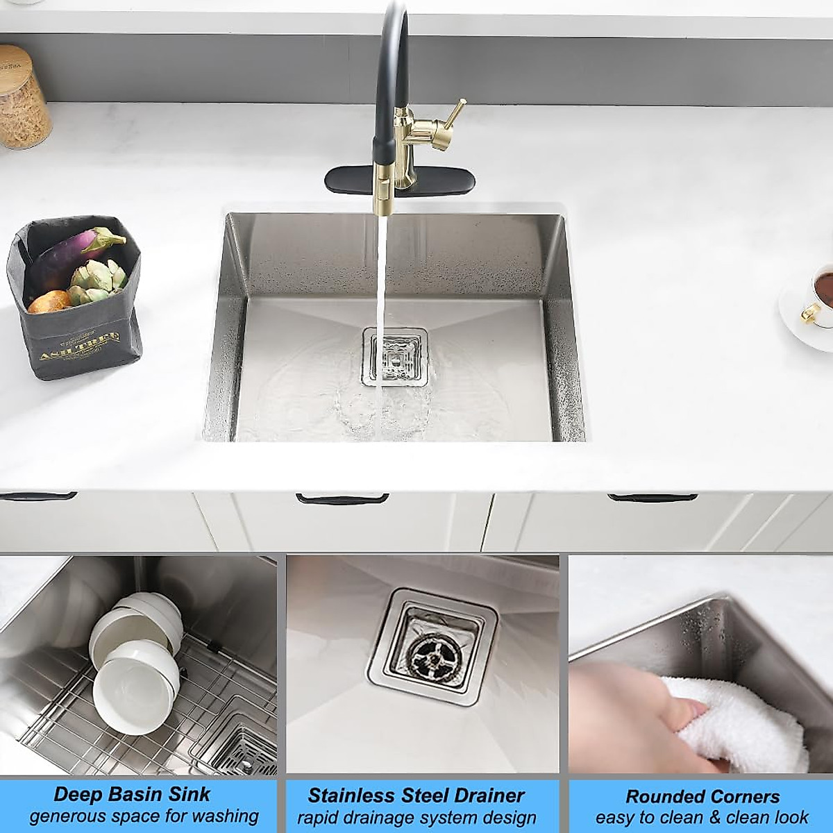 BoomHoze Undermount Laundry Utility Sink, 24"x19"x12" Deep Laundry & Utility Room Sinks 16 Gauge Stainless Steel Laundry Sink Undermount Kitchen Sink Outdoor RV Sink
