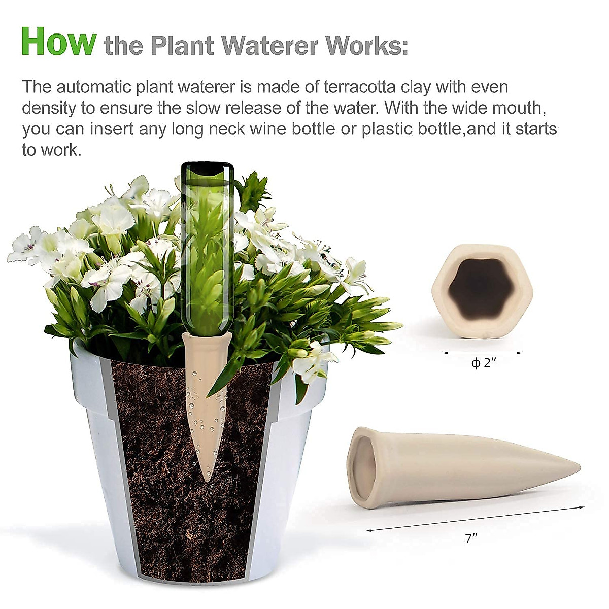 Slow Seep White Terracotta Vacation Plant Waterer 8 Pack Self Watering Stakes for Outdoor and Home Plants