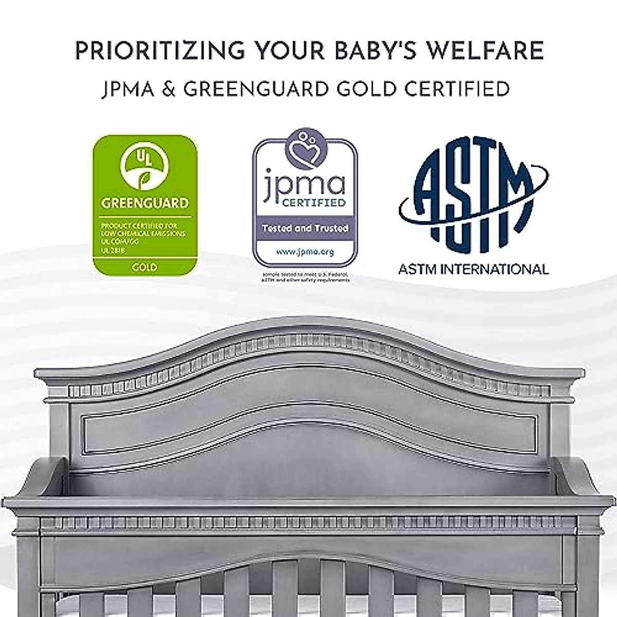 Evolur Cheyenne 5 in 1 Full Panel Convertible Crib in Storm Grey, JPMA & Greenguard Gold Certified, Crafted Out of kiln-Dried Hardwood, Features a high-Arch headboard & 3 Mattress Height Settings