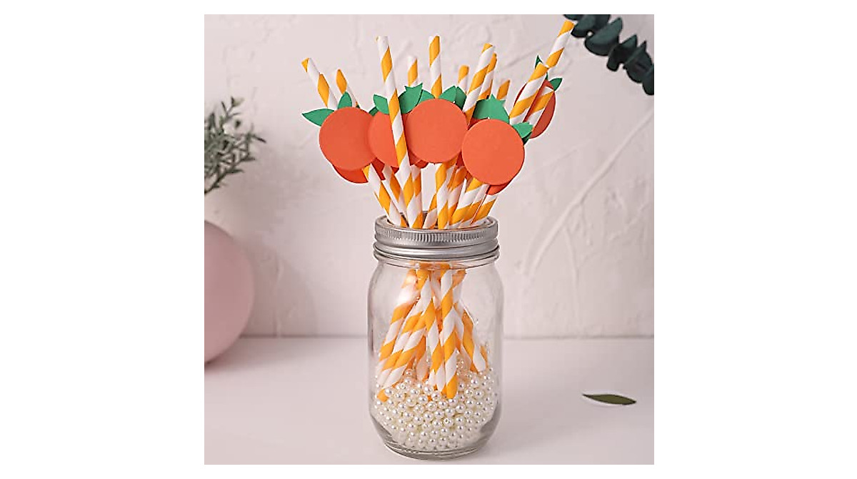 Orange Paper Straws - Biodegradable Striped Drinking Straws for Kids