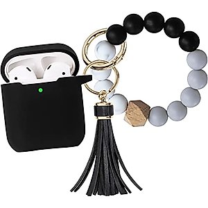 Silicone Headphone Case Cover,Wonjury Protective Case with Bracelet Keychain for Women Girls,Skin for 2 & 1 Charging Case, Black
