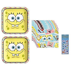 Spongebob Birthday Party Supplies Bundle Pack includes 16 Paper Plates 9", 16 Paper Napkins, 1 Dinosaur Sticker Sheet