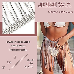Jemiwa Rhinestone Fringe Belt Skirt Sliver Sparkly Tassel Body Chain Wrap Skirts Crystal Belly Dance Hip Scarf Rave Belts Outfit for Women (Silver)