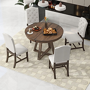 Lifeand 5-Piece Retro Functional Set, Round Table with a 16" w Leaf and 4 Upholstered Chairs for Dining Living Room,Walnut