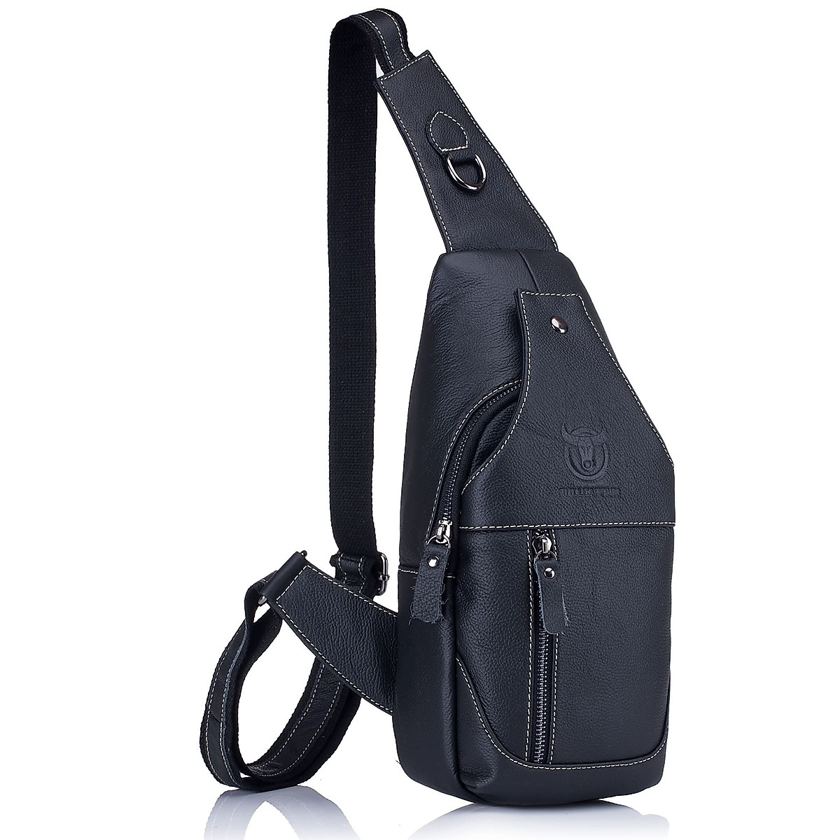 BULLCAPTAIN Men Leather Sling Chest Bag Outdoor Travel Shoulder Crossbody Bags Hiking Small Backpack (Black)