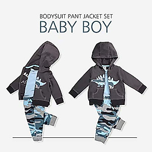 Gorboig 3-6 Month Boy Clothes Hoodie Jacket Long Sleeve Bodysuit Pant Set Dinosaur 3PCS Outfit(camo,6m)