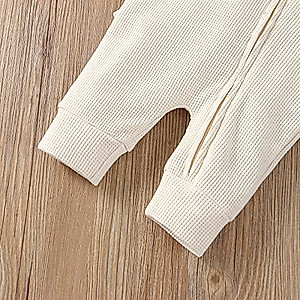 Newborn Baby Girl Ruffle Romper Knit Sweater Onesie Jumpsuit Long Sleeve Zipper Onesie Solid Fall Winter Outfits (A Waffle Knit Apricot,0-3 Months)