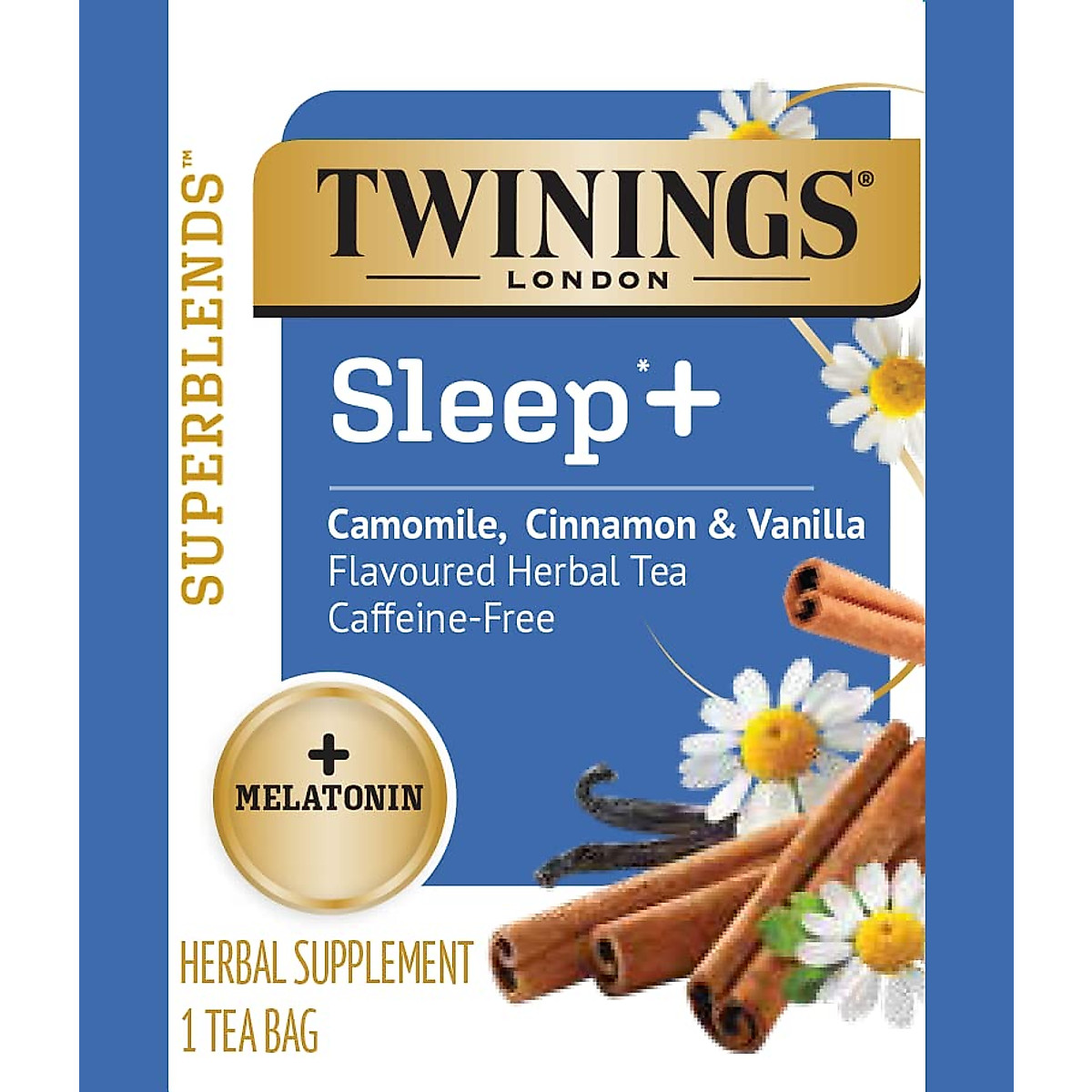 Twinings Superblends Sleep + Melatonin, Camomile, Cinnamon & Vanilla Flavoured Herbal Tea, Caffeine-Free 16 Count (Pack of 6)