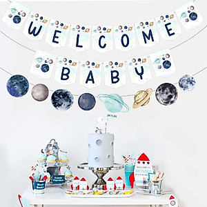 Fangleland Outer Space Baby Shower Banner Garland for Boy, Universe Welcome Baby Banner Decor for Galaxy Planet Themed Party Supplies