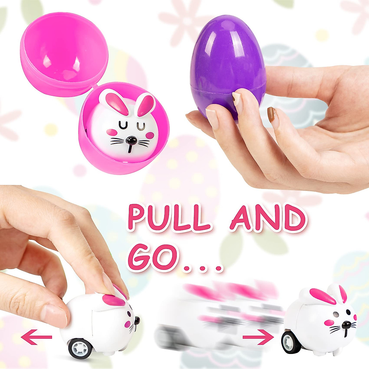Roberly 12 Pack Prefilled Easter Eggs with Toys Inside, Filled with Mini Pull Back Bunny Cars for Easter Basket Stuffers, Party Favors, Gift Exchange, Game Prizes and Carnivals Gifts