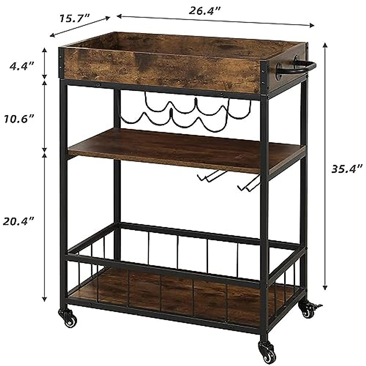 VLOBAOM Home Bar Serving Carts with Removable Wood Tabletop, Rolling Storage Cart with Wine Rack and Cup Holder, Beverage Cart with Wheels,67x40x90cm,Brown