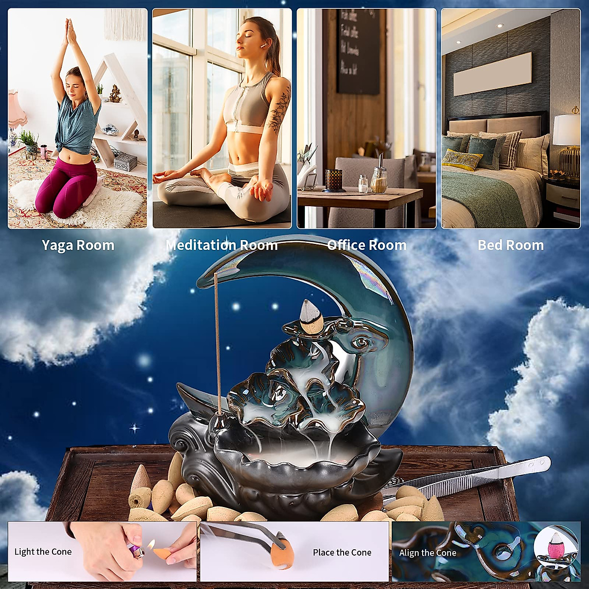 Zvaiuk New Moon Backflow Incense Holder, Ceramic Hand-Made Incense Fountain Burner with 100 Backflow Incense Cones，Fragrance Incense Stick，mat，Aromatherapy Home Decoration