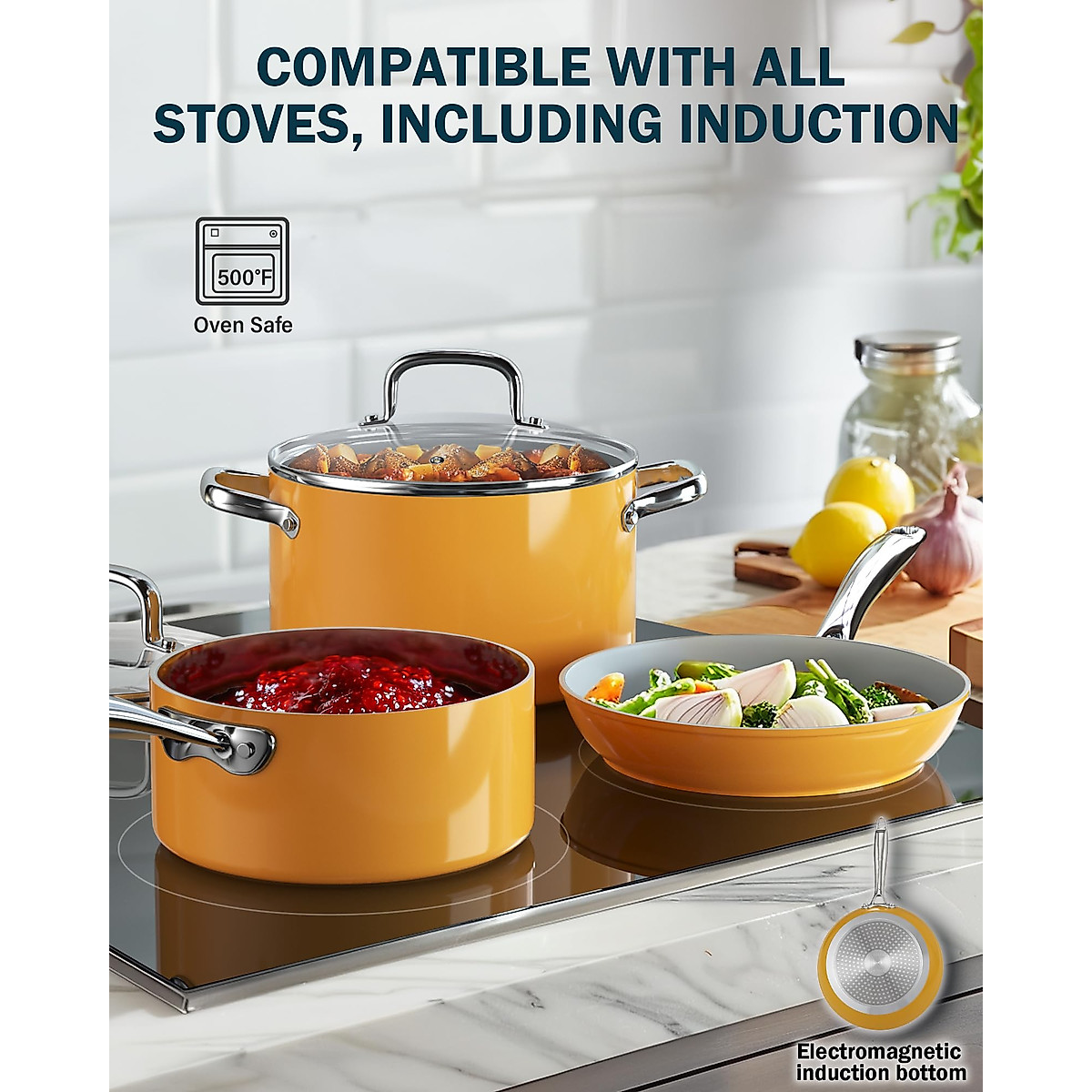 Cook N Home Non Stick Stock Pot with Lid, 6-Quart Hard Anodized Ceramic Nonstick Gumbo Pasta Pot, Induction Cookware Stockpot for Cooking, Canning, Sauce, Ollas para Cocina, Yellow