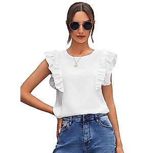 Milumia Women Elegant Ruffle Trim Butterfly Sleeve Blouse Round Neck Work Shirt Top White Large