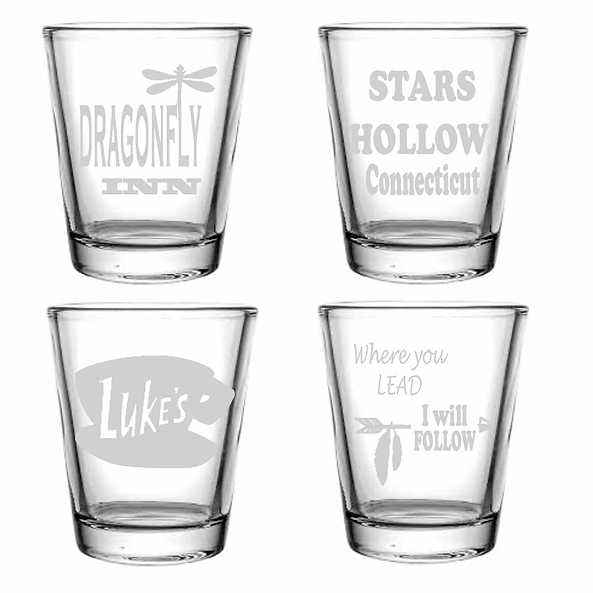 Brindle Southern Farms Gilmore Inspired Girls Shot Glass Set of Four: Stars Hollow, Luke's Diner, Where You Lead I Will Follow, Dragonfly Inn Gilmore Engraved 1.5 Ounce Shot Glasses