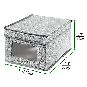 mDesign Soft Fabric Stackable Closet Storage Organizer Box with Clear Window and Attached Hinged Lid for Bedroom, Hallway, Entryway, Closets, 6 Pack - Gray