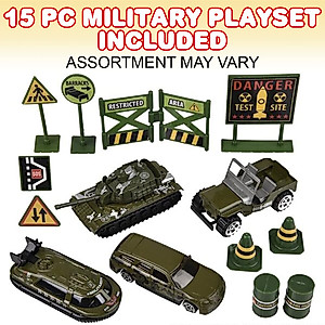 ArtCreativity Diecast Military Playset for Kids, 15-Piece Set with Army Trucks, Signs, Gas Cans and More, Imagination-Sparking Army Toys for Boys and Girls, Durable Army Truck Playset