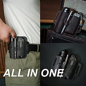 VIPERADE PJ19 Multitool Sheath, EDC Belt Organizer Sheath for Men, Leather Sheath for Men, Leather Flashlight Holster for Belt, Pen Holder for Tactical Pen (Dark Black)