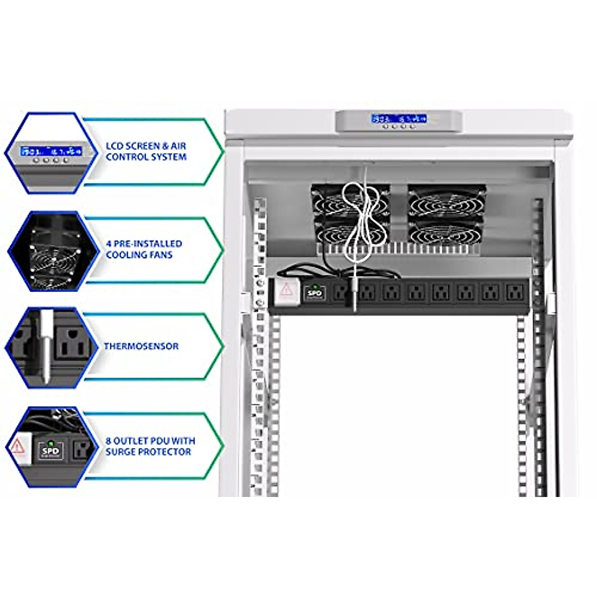 Sysracks 22U 35 Inch Deep Grey White Server Rack IT Network Data Rack Cabinet Enclosure Fully Lockable on Wheels - LCD Screen - Ventilation System - PDU - Glass Door - Rich Accessories Kit
