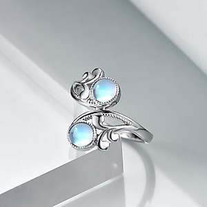 TIGER RIDER Double Moonstone Wave Rings for Women 925 Sterling Silver Filigree Ring for Girls Mother Daughter Gifts Size 8