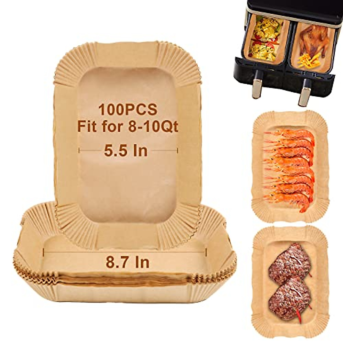 Air Fryer Liners Disposable Rectangular Parchment Paper Liner for Ninja Dual Basket Air Fryer and Other 2-basket Air Fryer, Oilproof Waterproof Non-Stick 8.7”x5.5” Baking Papers 100pcs