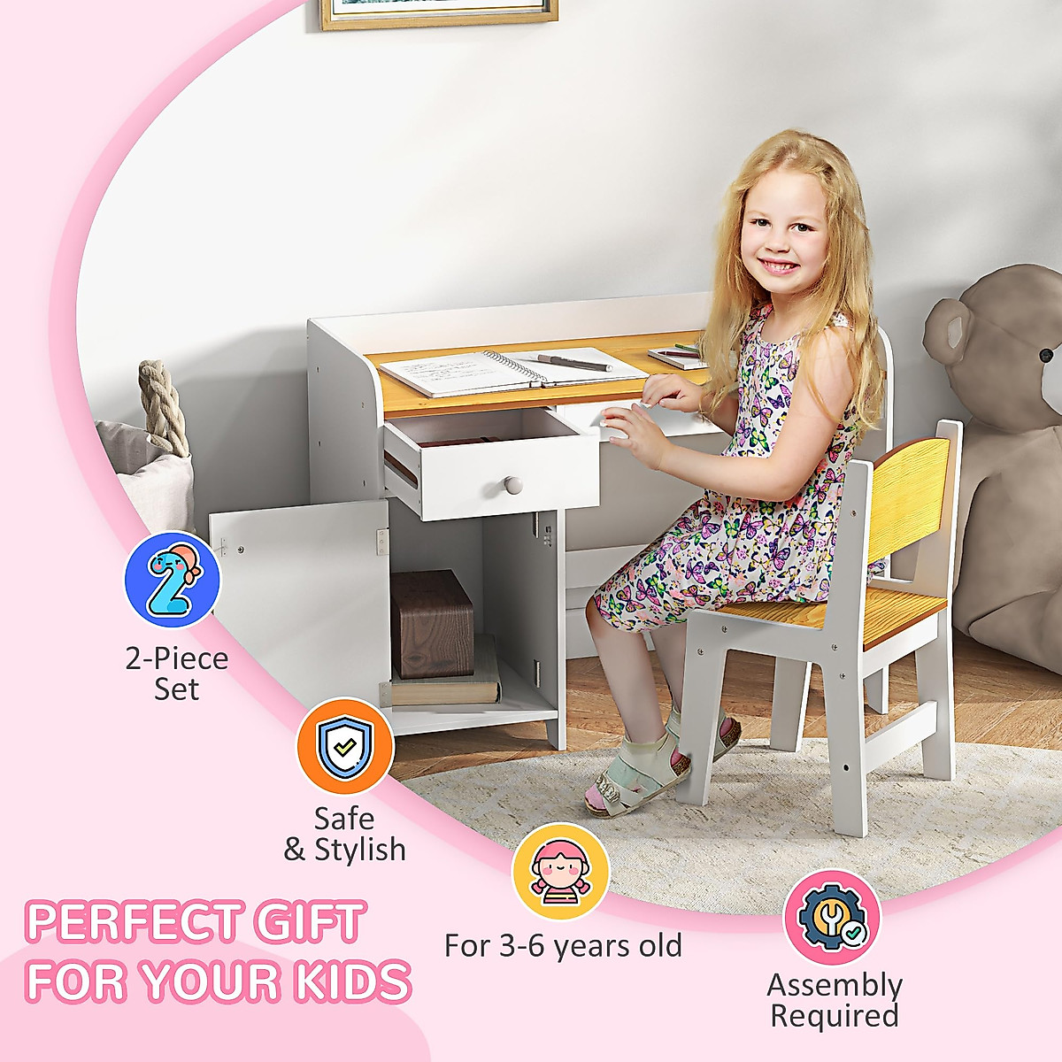 Qaba Kids Desk and Chair Set with Storage Drawer, Study Desk with Chair for Children for Arts & Crafts, Snack Time, Homeschooling, Homework, White