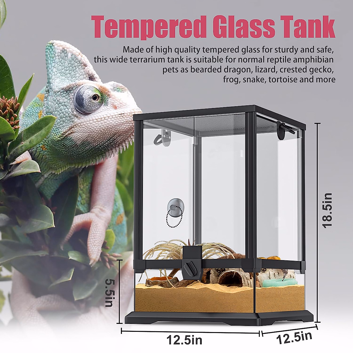 Lurmmue Tempered Glass 10 Gallon Reptile Tank,12"x12"x18" Top Screen Ventilation Durable Reptile Habitat Tank with Heat Resistant Aluminum Alloy Frame, for Bearded Dragon,Lizard,Spider,Hamster