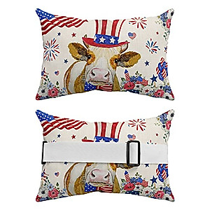 Recliner Head Pillow Ledge Loungers Chair Pillows with Insert Independence Day USA Flag Cow Poppies Linen Lumbar Pillow with Adjustable Strap Outdoor Waterproof Patio Pillows for Beach Pool, 2 PCS