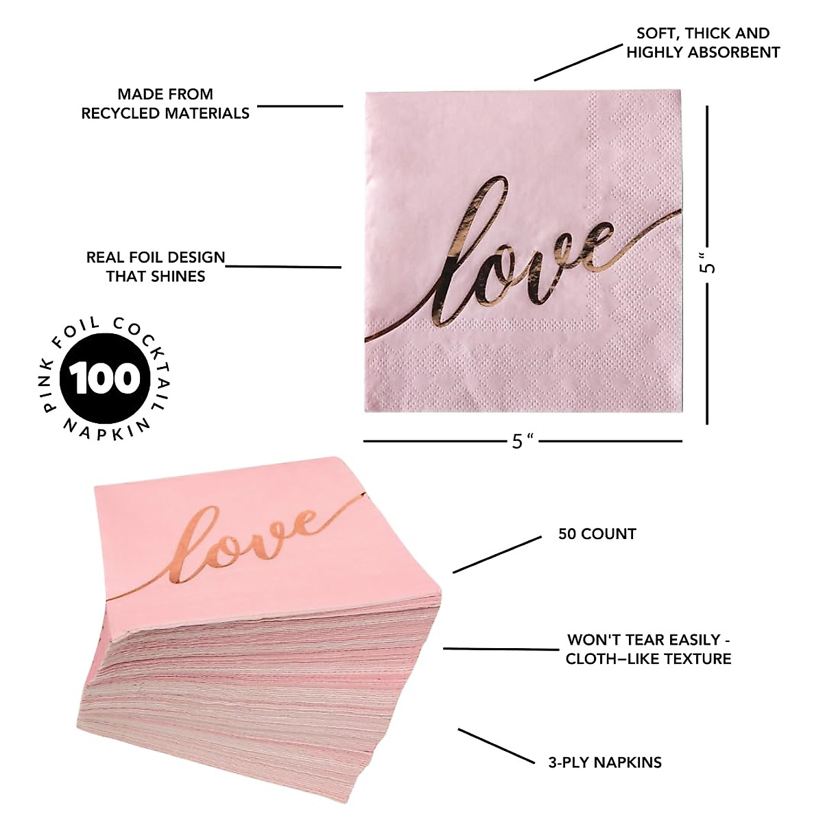 Andaz Press Pink with Rose Gold Scripted Love Saying Cocktail Napkins, Bulk 100-Pack Count 3-Ply Disposable Fun Beverage Napkins for Wedding, Bridal Shower, Bachelorette, Baby Shower, Valentine's Day